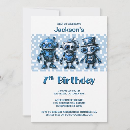Robot Theme 7th Birthday Party Invitation | Zazzle