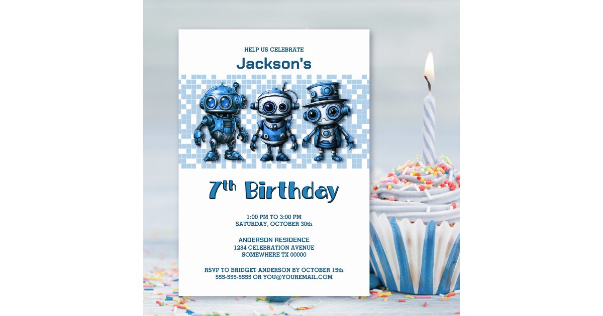 Robot Theme 7th Birthday Party Invitation | Zazzle