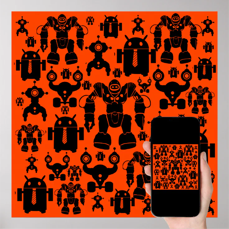 Robots Rule Fun Robot Silhouettes Orange Robotics Poster | Zazzle