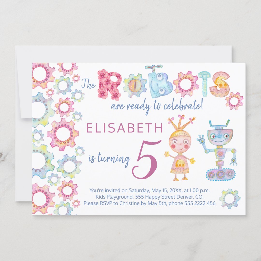 Robots themed birthday kids party cute invitation | Zazzle