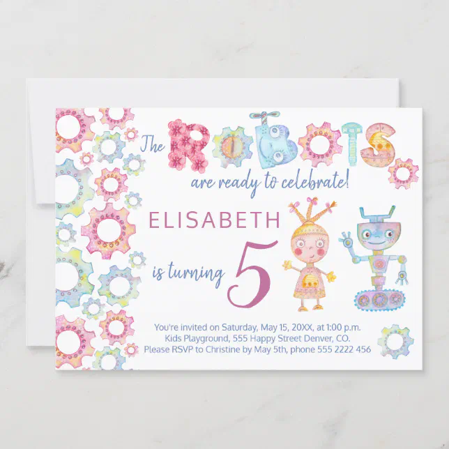 Robots themed birthday kids party cute invitation | Zazzle