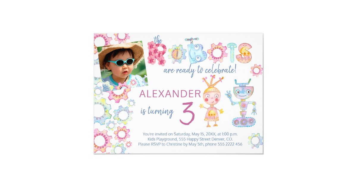 Robots themed birthday kids party photo invitation | Zazzle.com