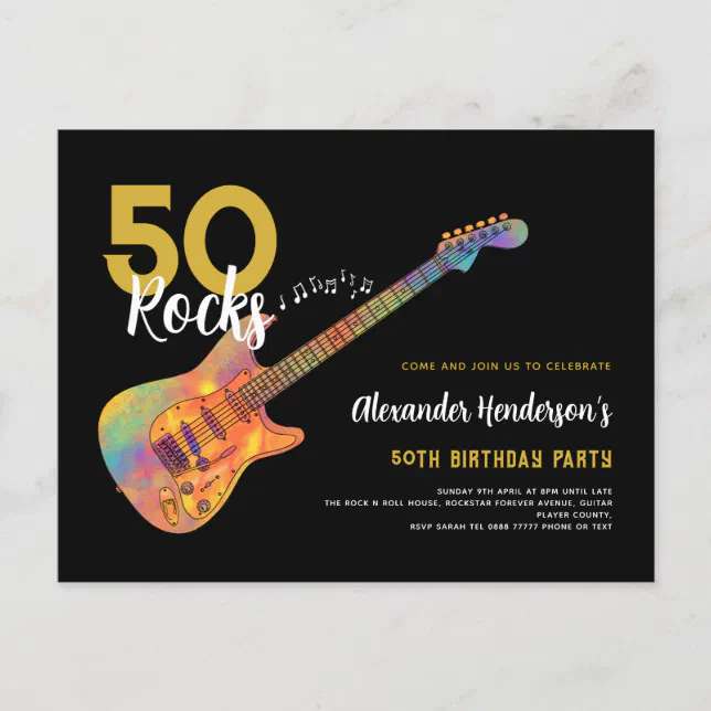 Rock and Roll 50th Birthday Party 50 Rocks Invitation Postcard | Zazzle