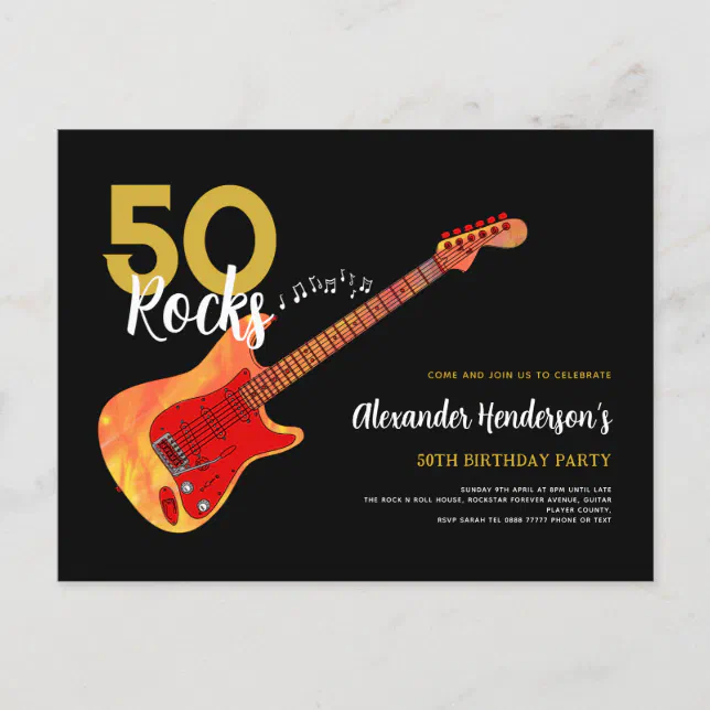 Rock and Roll 50th birthday party 50 rocks Invitation Postcard | Zazzle