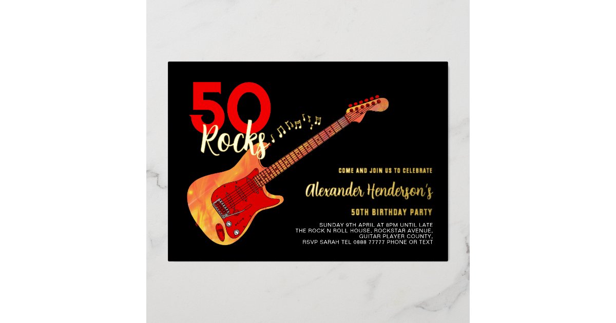Rock and Roll 50th Birthday Party Black Gold Foil Invitation | Zazzle