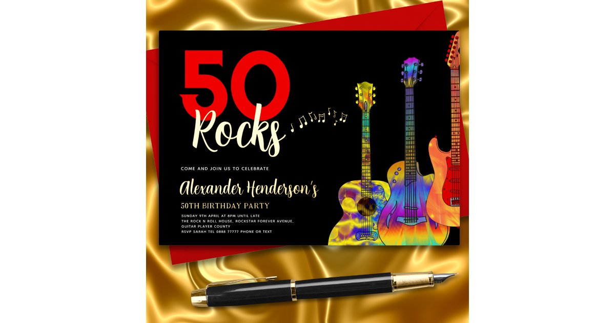 Rock and Roll 50th Birthday Party Black Gold Foil Invitation | Zazzle