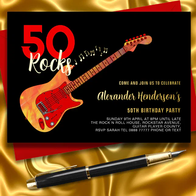 Rock and Roll 50th Birthday Party Black Gold Foil Invitation | Zazzle