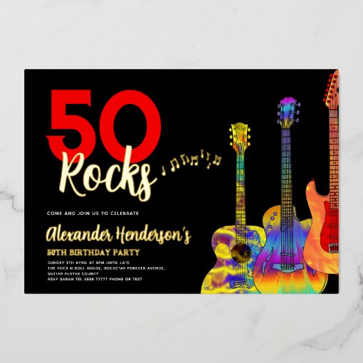 Rock and Roll 50th Birthday Party Black Gold Foil Invitation | Zazzle