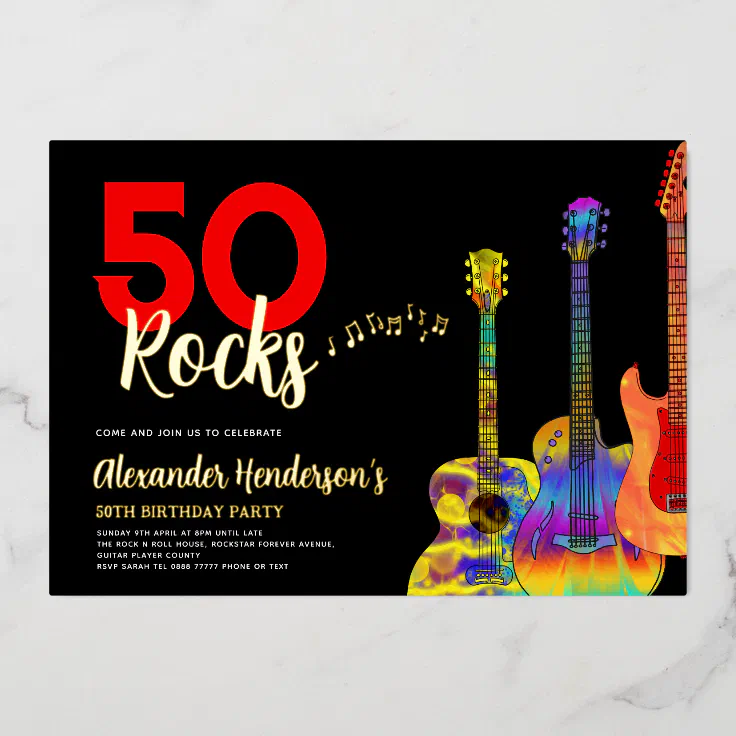 Rock and Roll 50th Birthday Party Black Gold Foil Invitation | Zazzle
