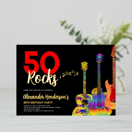 Rock and Roll 50th Birthday Party Black Gold Foil Invitation | Zazzle