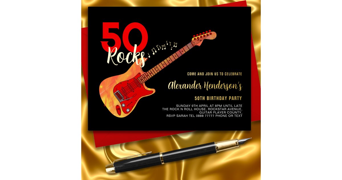 Rock and Roll 50th Birthday Party Black Gold Foil Invitation Postcard ...