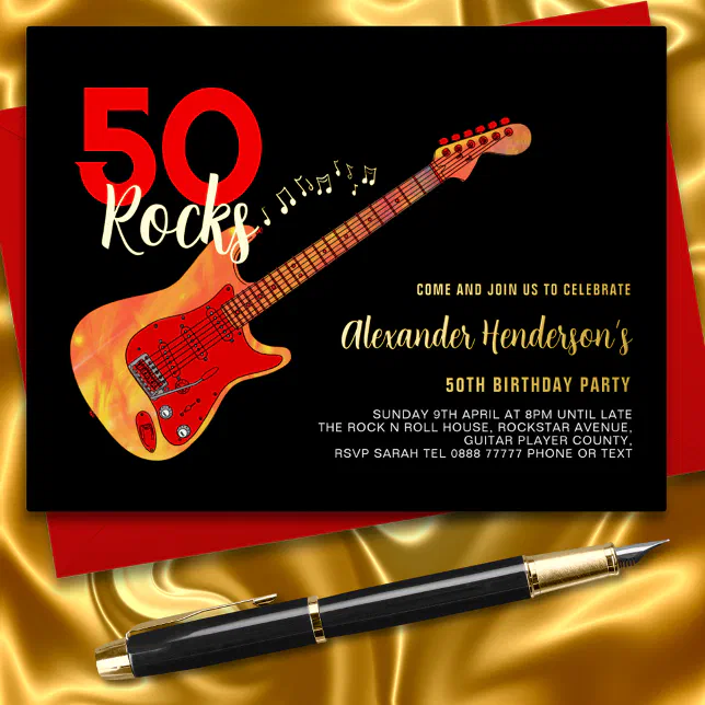 Rock and Roll 50th Birthday Party Black Gold Foil Invitation Postcard ...