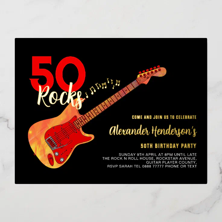 Rock and Roll 50th Birthday Party Black Gold Foil Invitation Postcard ...