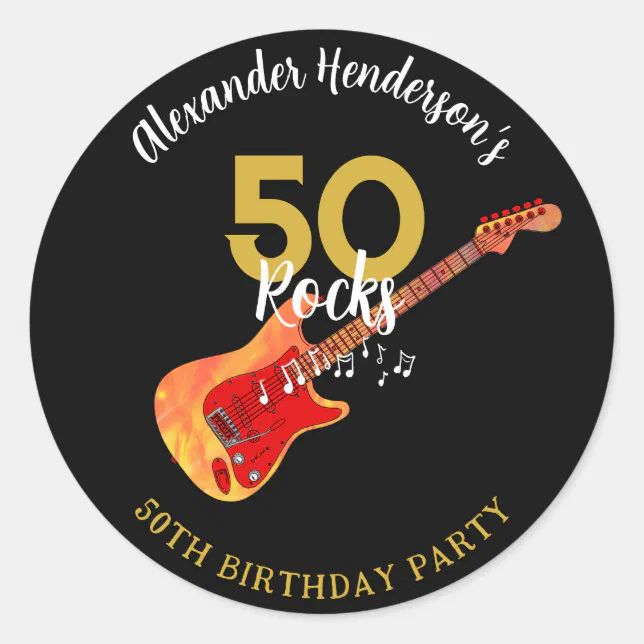 Rock and Roll 50th Birthday Party Classic Round Sticker | Zazzle