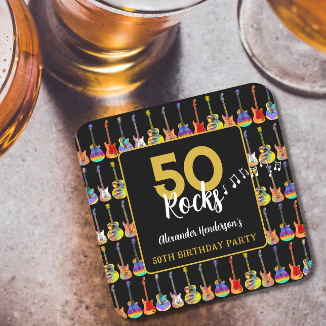 Rock and Roll 50th Birthday Party Custom Square Paper Coaster | Zazzle