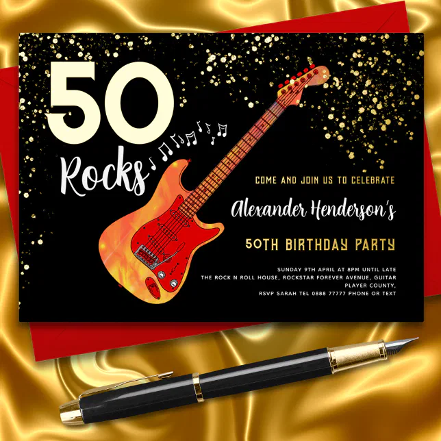 Rock and Roll 50th Birthday Party Gold Glitter Foil Invitation | Zazzle