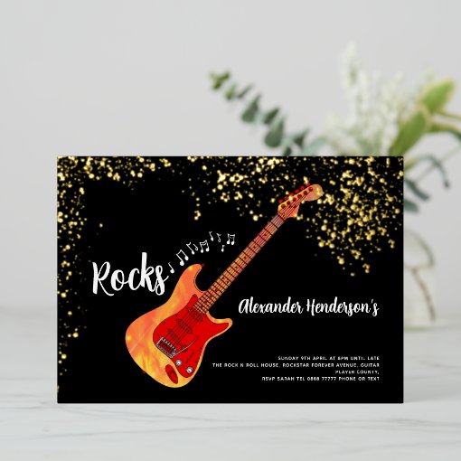 Rock and Roll 50th Birthday Party Gold Glitter Foil Invitation | Zazzle