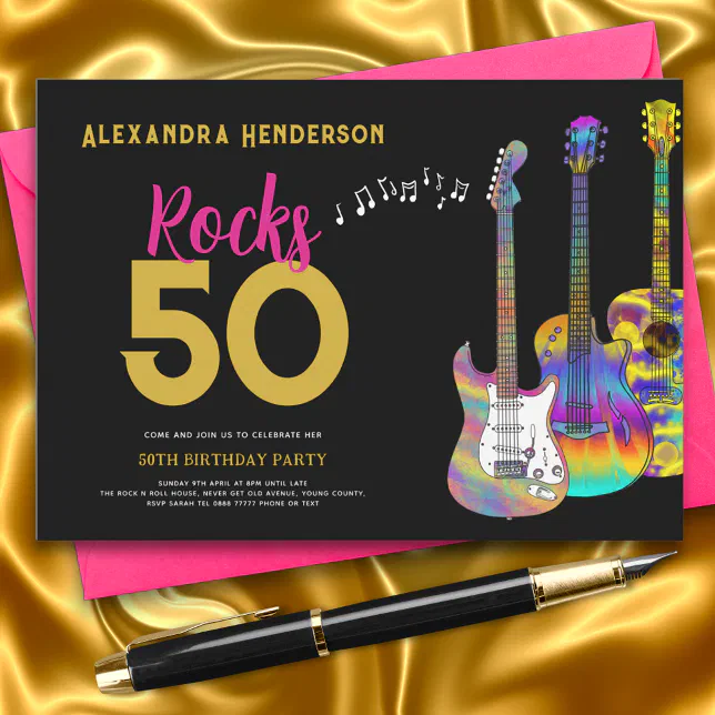Rock and Roll 50th Birthday Party Pink Gold Invitation | Zazzle