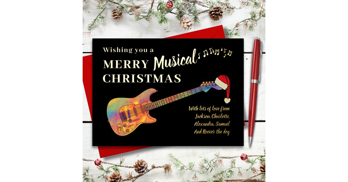 Rock and Roll Christmas Guitar Black and Gold Foil Holiday Card | Zazzle