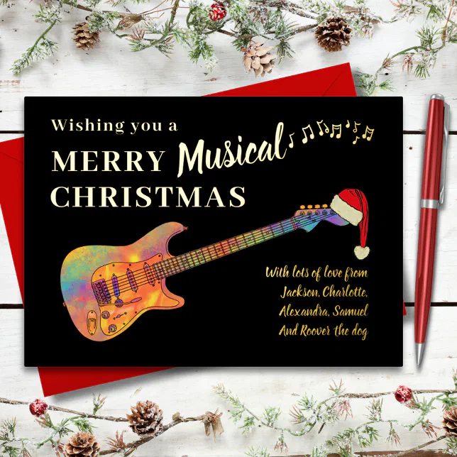 Rock and Roll Christmas Guitar Black and Gold Foil Holiday Card | Zazzle