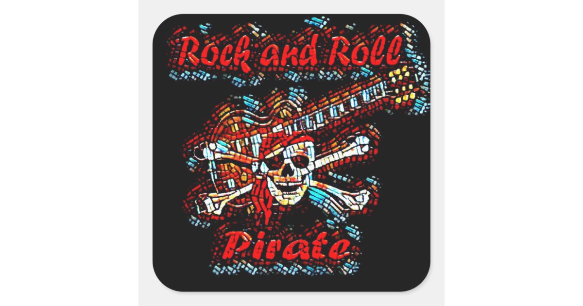 Rock and Roll Guitar Pirate Skull Square Sticker | Zazzle