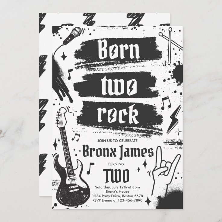 Rock and Roll Party Born Two Rock 2nd Birthday Invitation | Zazzle