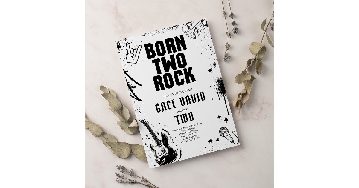 Rock and Roll Party Born Two Rock 2nd Birthday Invitation | Zazzle