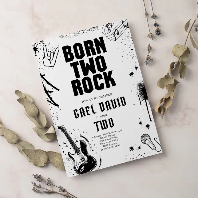 Rock and Roll Party Born Two Rock 2nd Birthday Invitation | Zazzle