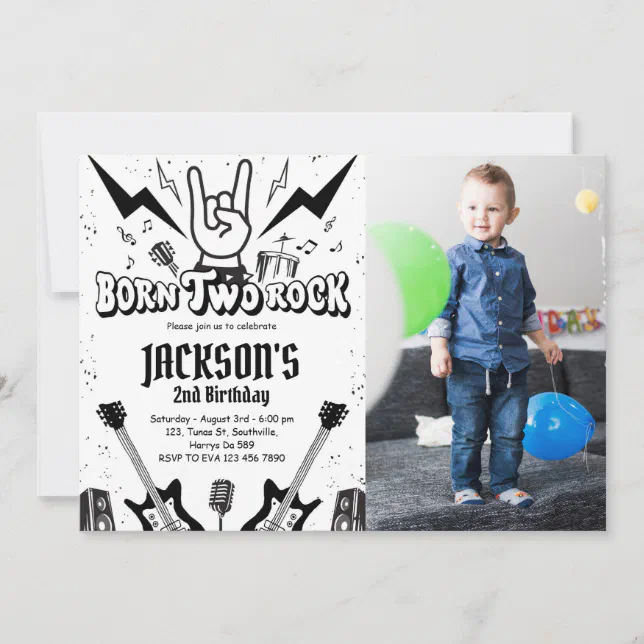 Rock and Roll Party Born Two Rock Birthday Photo Invitation | Zazzle