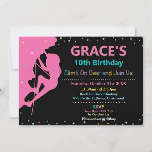 Rock Climbing Birthday Party Girl Pink Rainbow Invitation | Zazzle