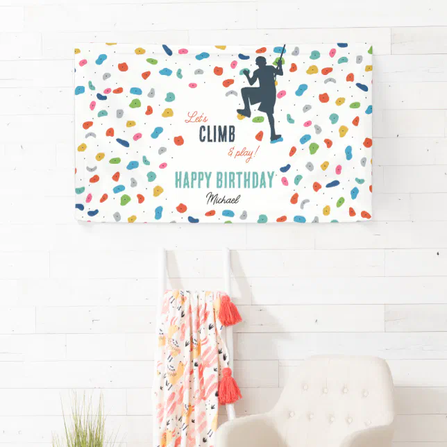 Rock Climbing Cute Kids Birthday Party Banner | Zazzle