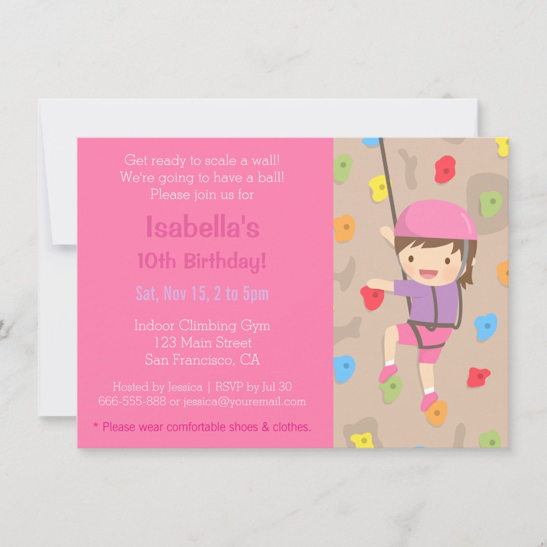 Rock Climbing Girls Birthday Party Invitations | Zazzle