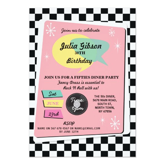 Rock N Roll 1950s Birthday Pink Retro Invite | Zazzle.com