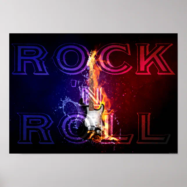Rock n Roll Fire Flaming Electric Guitar Music Poster | Zazzle