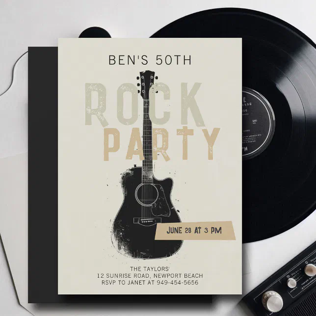Rock Party Black Guitar Adult Modern Fun Birthday Invitation | Zazzle