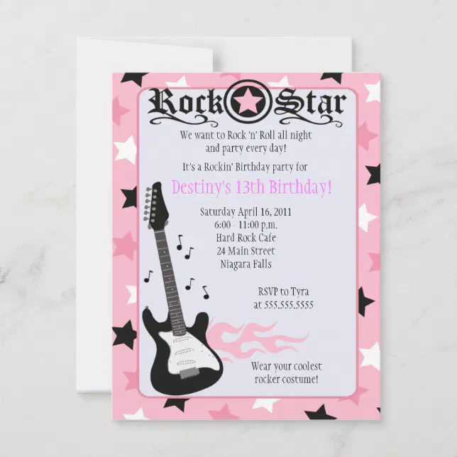 ROCK STAR 4x5 Pink Rocker Birthday Invitation | Zazzle