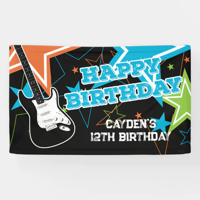 Rock Star Birthday Guitar Stars Blue Orange Banner | Zazzle