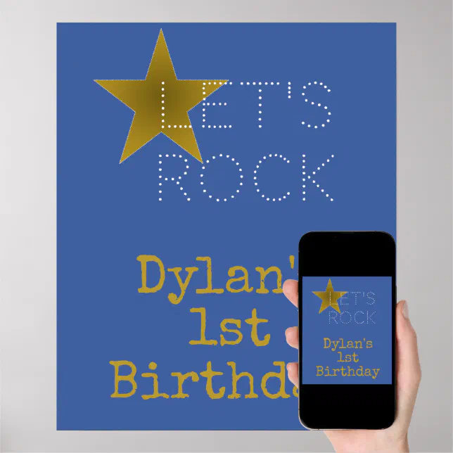 Rock Star Birthday Party Welcome Poster Blue Gold | Zazzle