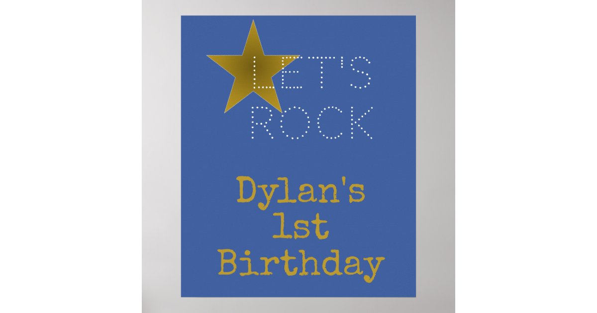 Rock Star Birthday Party Welcome Poster Blue Gold | Zazzle