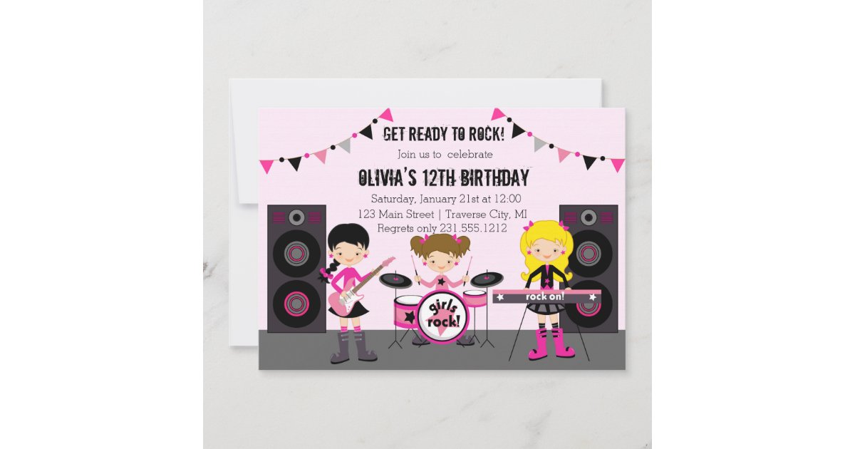 Rock Star Girl Band Birthday Party Invitation | Zazzle