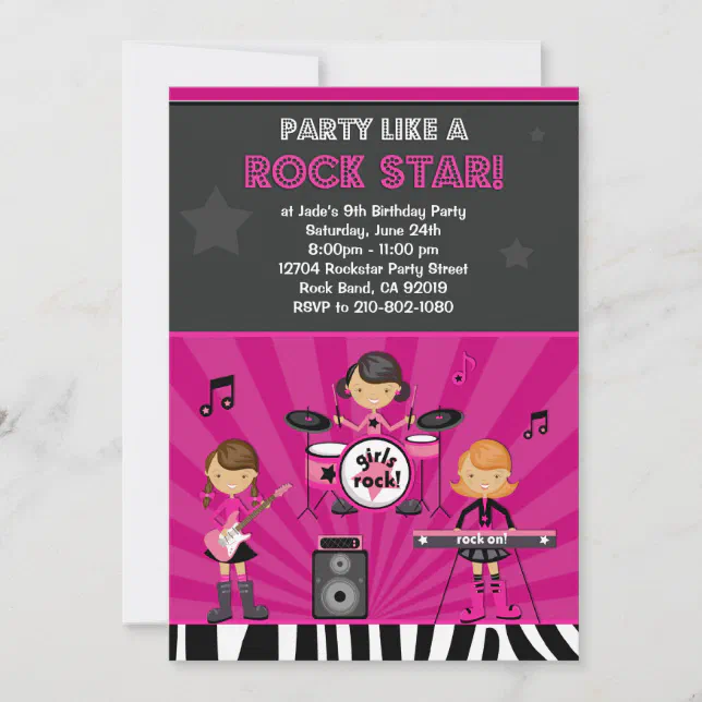 Rock Star Girls Birthday Party Invitation | Zazzle