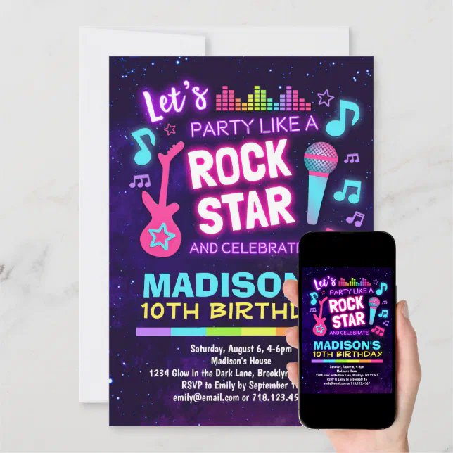 Rock Star Theme Birthday Party Invitation | Zazzle