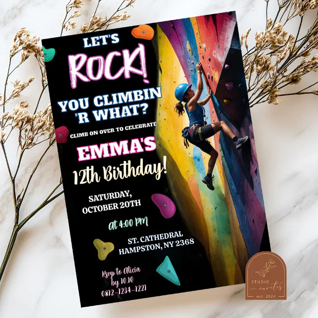 Rock Wall Climbing On Over Birthday Girl Invitation | Zazzle