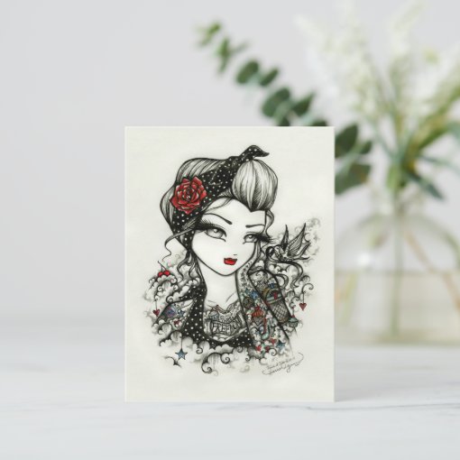 Rockabilly Tattoo Girl Sketch Rose Art Postcard | Zazzle