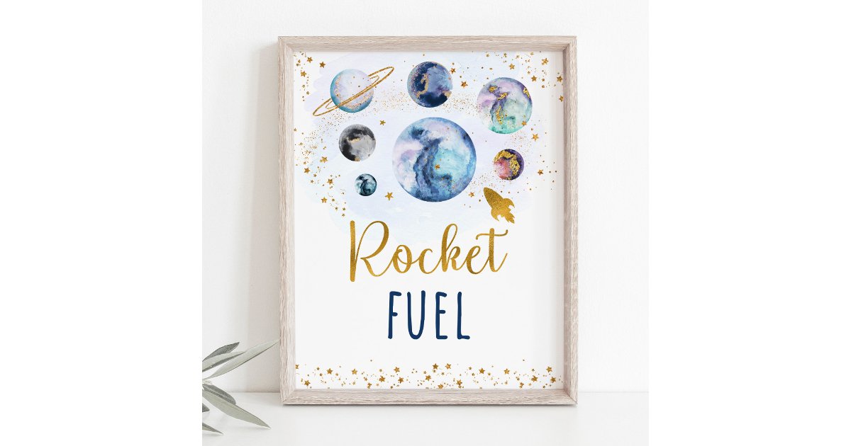 Rocket Fuel Blue Gold Space Birthday Sign | Zazzle