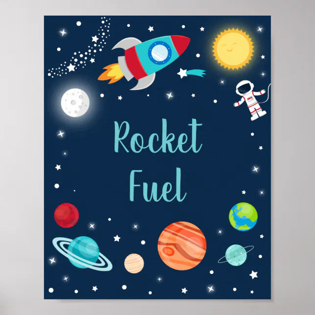 Rocket Fuel Space Rocket Ship Planets Birthday Poster | Zazzle