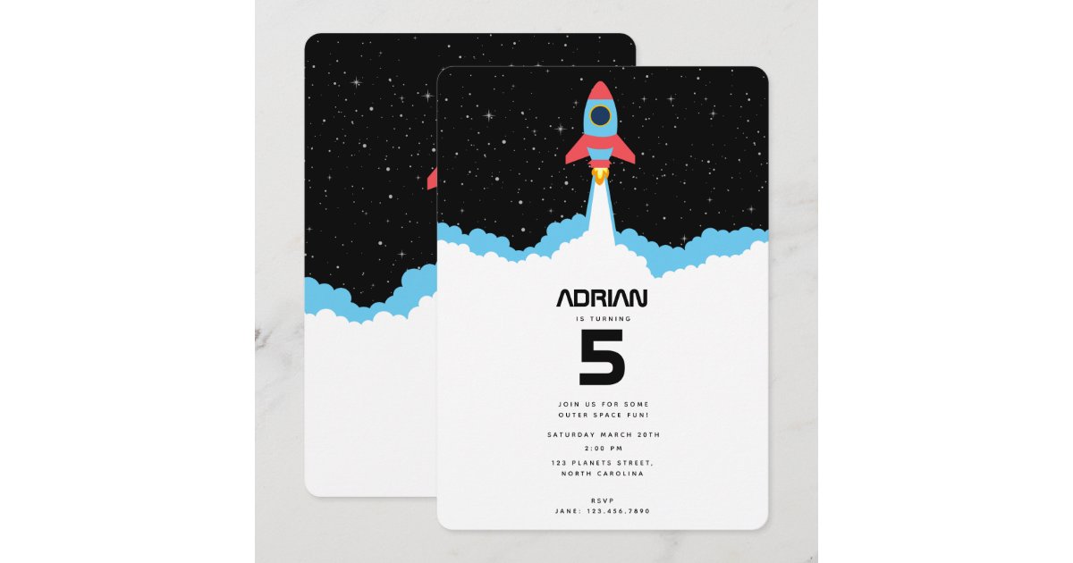 Rocket Launching in Outer Space Birthday Invitation | Zazzle
