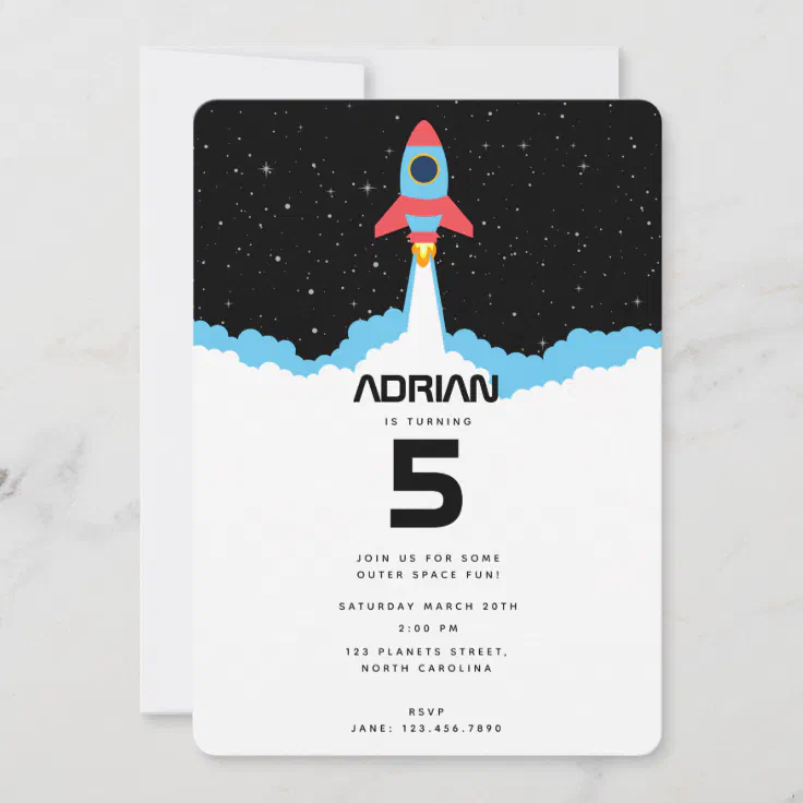 Rocket Launching in Outer Space Birthday Invitation | Zazzle
