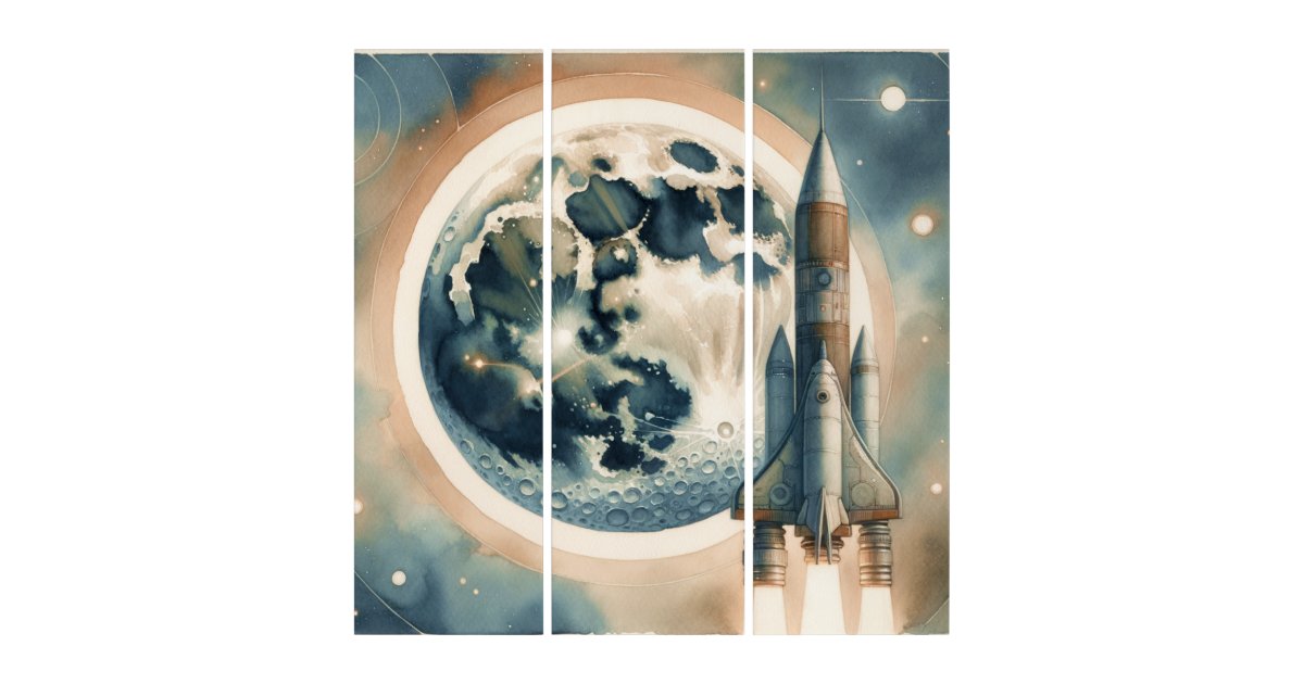 Rocket Moon Space Triptych | Zazzle