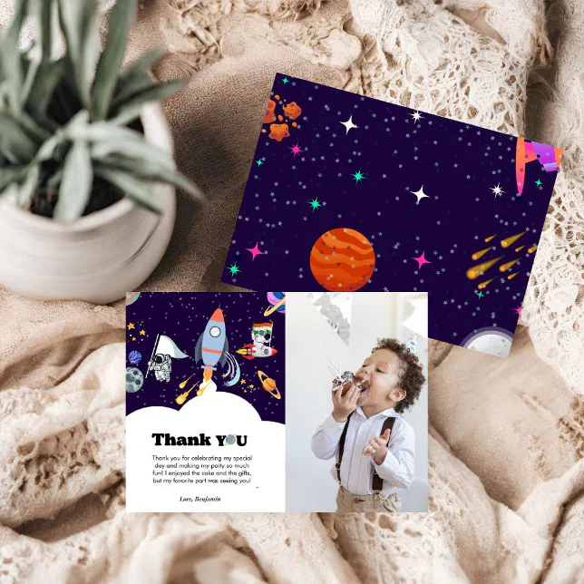 Rocket planet galaxy boy birthday thank you card | Zazzle